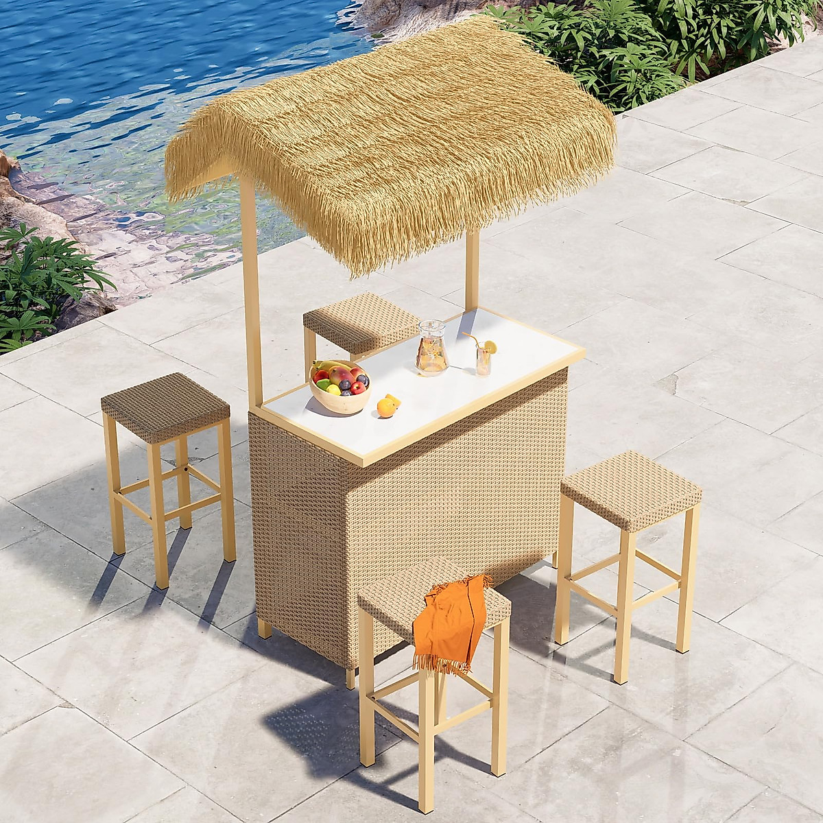 Grand patio Outdoor Tiki Bar Set with Widen Ceramic Top (42" W), Phuket 5-Piece Wicker Islander Tiki Bar and 4 Stools Storage for Garden, Natural