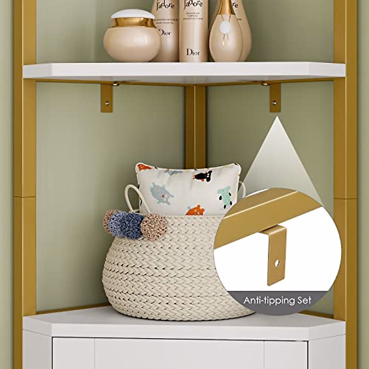 HITHOS 71" Tall Corner Shelf, 6-Tier Corner Bookcase, Gold Bookshelf with Storage Cabinet, Modern Display Shelf, Free Standing Storage Rack Plant Stand for Living Room, Bedroom, Home Office, White