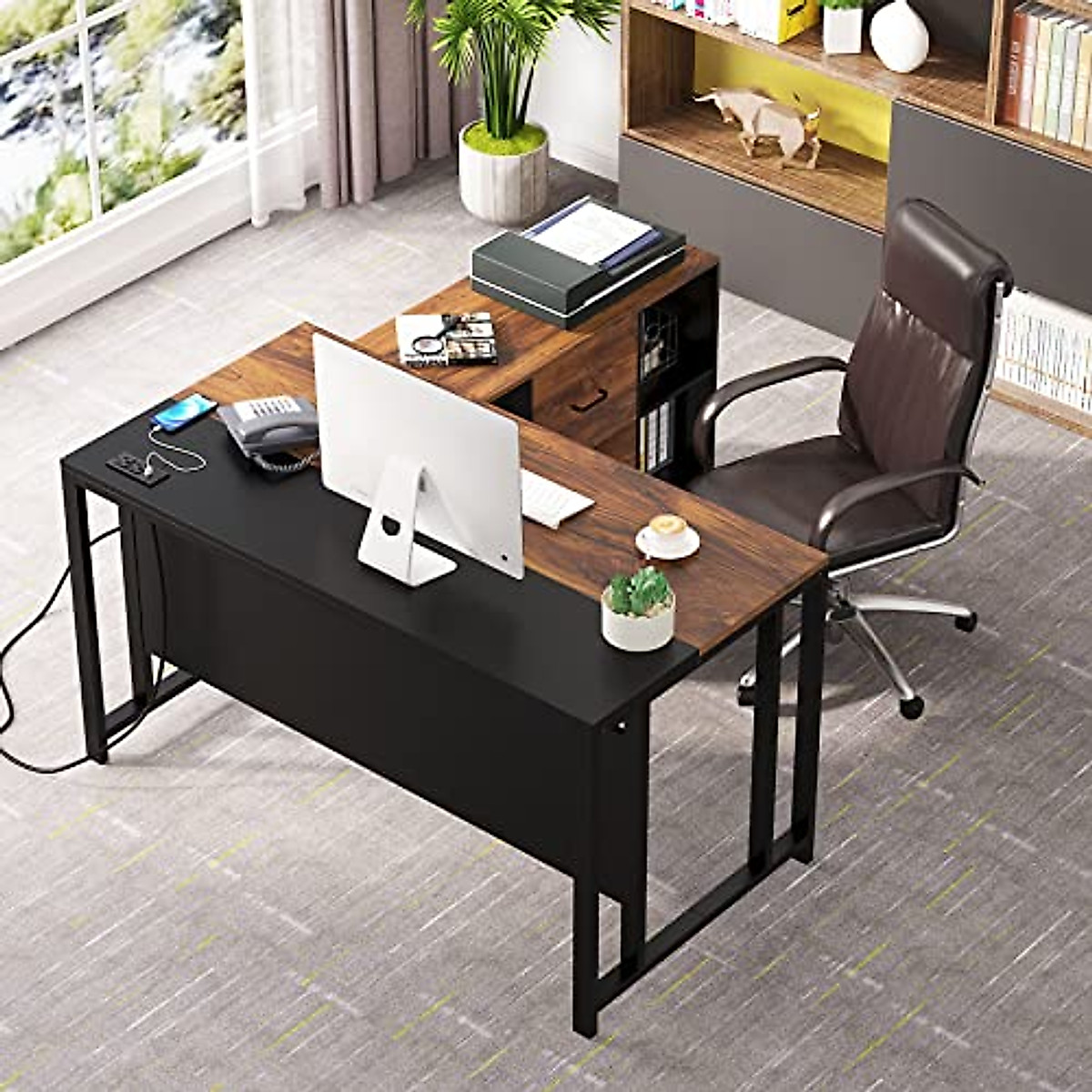 Tribesigns L-Shaped Computer Desk with Power Outlet and Drawer Cabinet, 55 inch Large Executive Office Desk Business Furniture with 40 inch Lateral File Cabinet Printer Stand for Home Office(Brown)