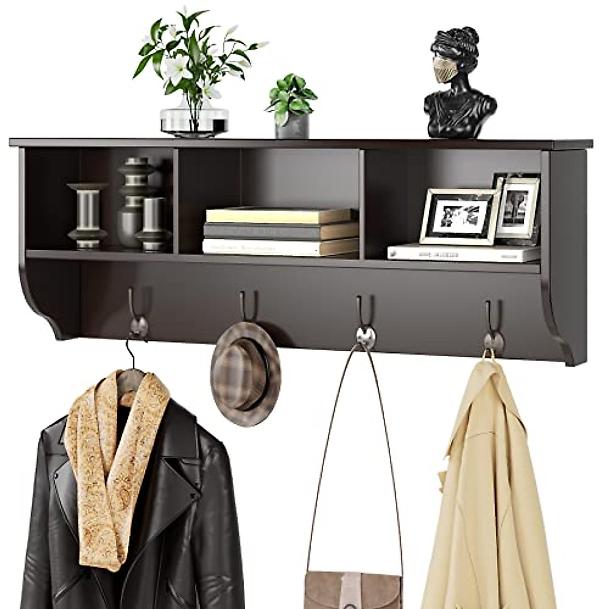 SHUANGZ Wall-Mounted Coat Rack Storage Shelf with 4 Dual Hooks, 38.6 Wooden Entryway Hanging Shelf Floating Shelves with 3 Storage 3G-4G 3G-4G