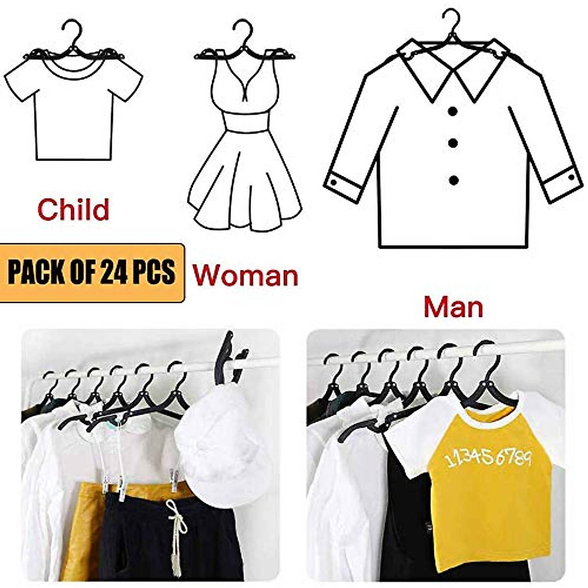 24 Pcs Travel Hangers - Portable Folding Clothes Hangers Travel Accessories Foldable Clothes Drying Rack for Trave (Black)