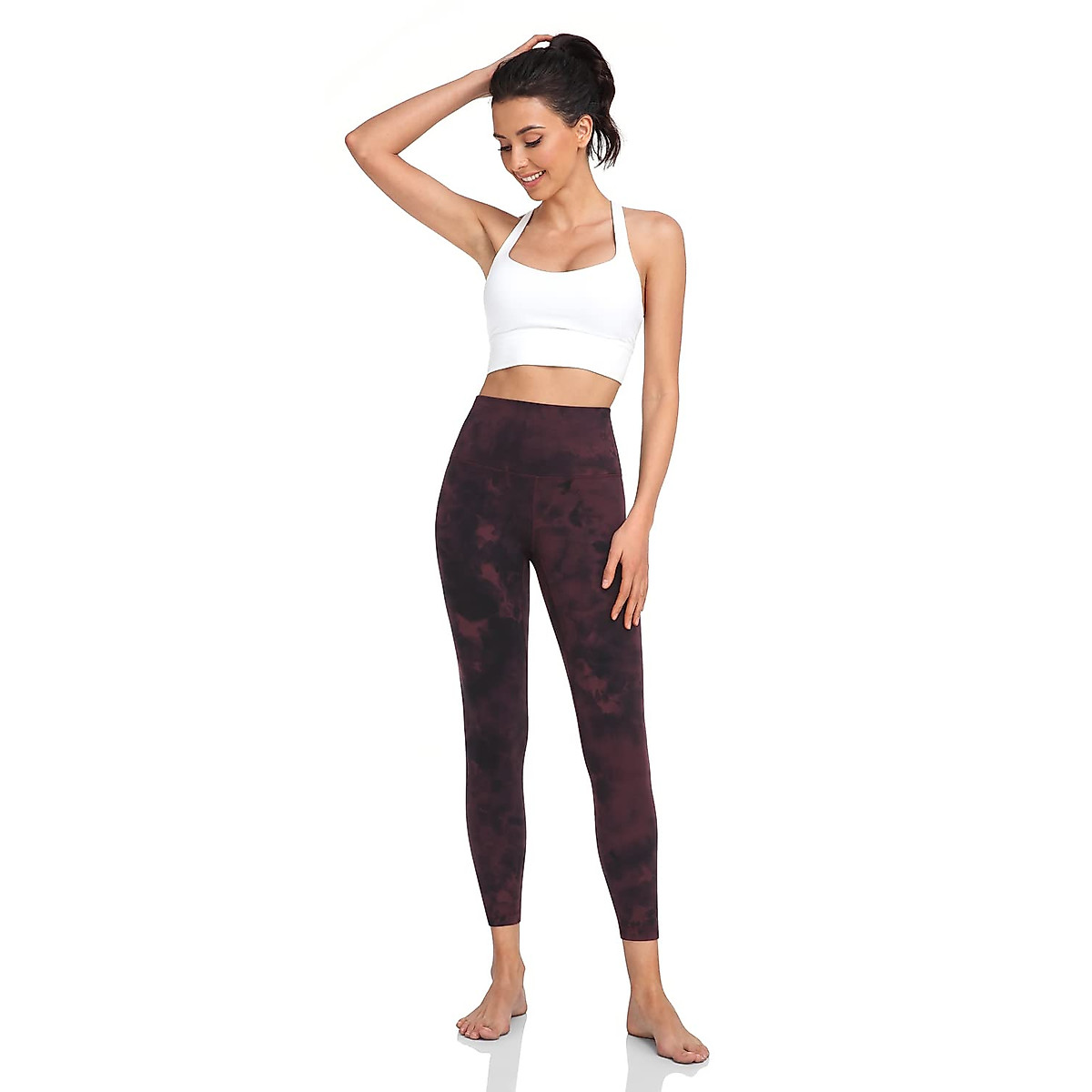 HeyNuts Pure&Plain 7/8 High Waisted Leggings for Women, Athletic Compression Tummy Control Workout Yoga Pants 25'' Diamond Dye Cassis Black XS(0/2)