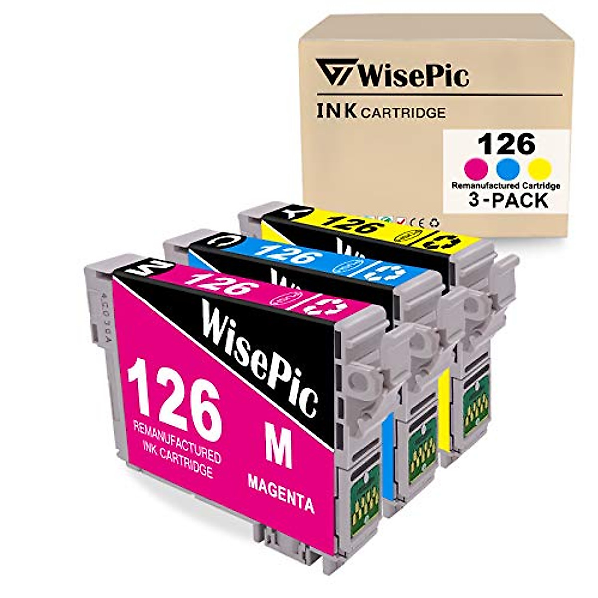WisePic 3 Pack T126 Remanufacture Ink Cartridge Replacement for Epson 126 T126 for Workforce 435 520 545 635 645 845 WF-3520 WF-3530 WF-3540 WF-7010 WF-7510 WF-7520 Printer (1 Cyan,1 Magenta,1 Yellow)