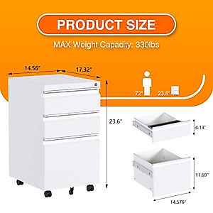 NICOMOW 3-Drawer Locking Metal File Cabinet for Home Office,Easy to Move,Durable and Stable,Under-Desk Filing Cabinet with Legal/Letter Size Drawer,Fully Assembled,White