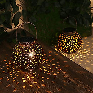 Easybuy Solar Lanterns Star Moon Solar Outdoor Lanterns Patio Garden Walkway Lawn Bronze Lanterns 2 Pack Star Moon Gifts for Wife Mother Friends