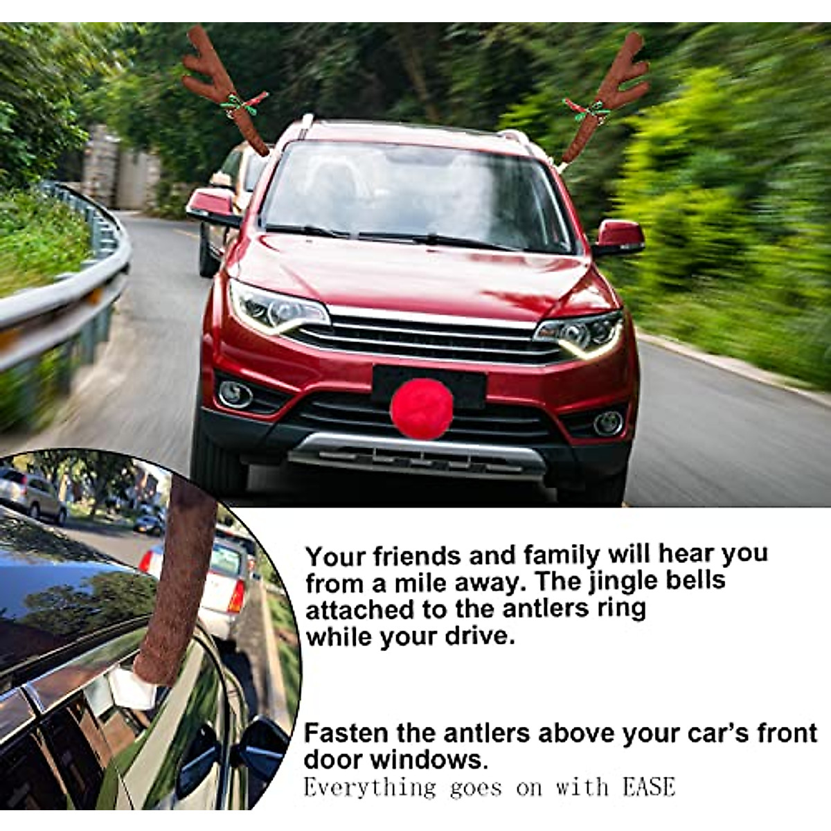 Car Reindeer Antlers & Nose Decorations Set- Car Jingle Bell Antlers and Nose,Christmas Decorations for Cars/Home,Best of Auto Accessories,Best for Car SUV Van Truck,Easy to Install