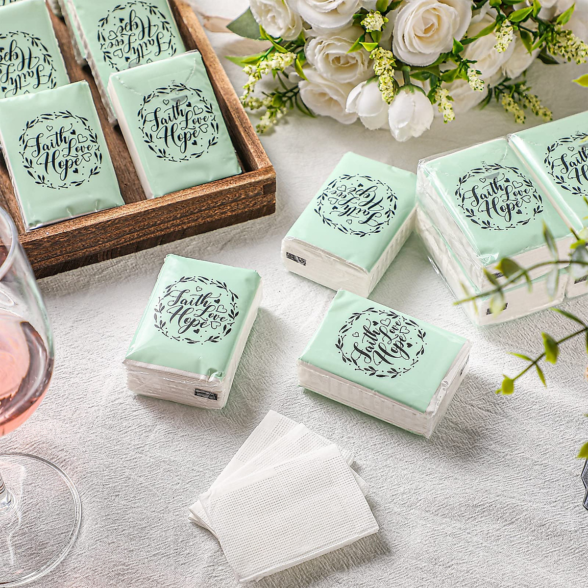 Travel Tissues Packs Wedding Facial Tissues Bulk Pocket Tissues Small Tissues Travel Size Faith Hope Love 3 Ply Tissue Packs Wedding Favors for Guests (50 Packs)