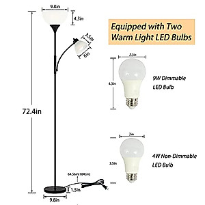 Floor Lamp, Dimmable Standing lamp, 3 Levels Dimmable Brightness, Included 9W and 5W LED Bulbs, Industrial Floor Lamp for Living Room, Bedroom, Office, Reading