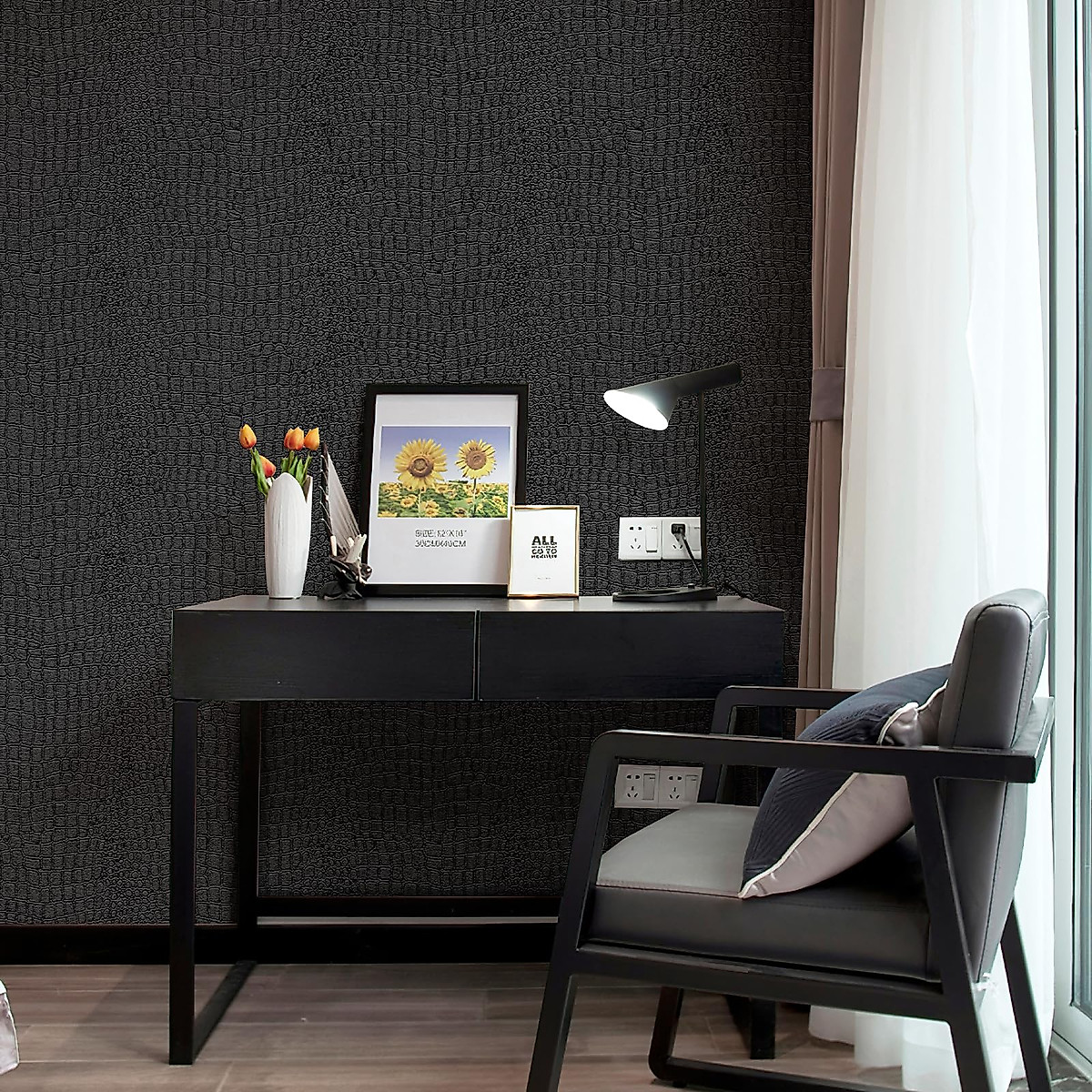 Zeeko 17.3 X 394 Crocodile Textured Wallpaper Black Peel and Stick Wallpaper - Easy Install & Removable Contact Paper for Cabinet, Bedroom & More
