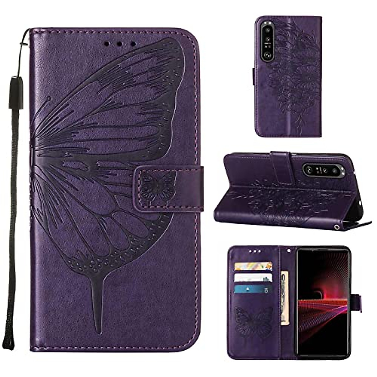 Butterfly Leather Case for Sony Xperia 1 III with Credit Card Holder Slots Kickstand Flip Folio Leather Magnetic Wallet Case with Wirst Strap Case for Sony Xperia 1 III