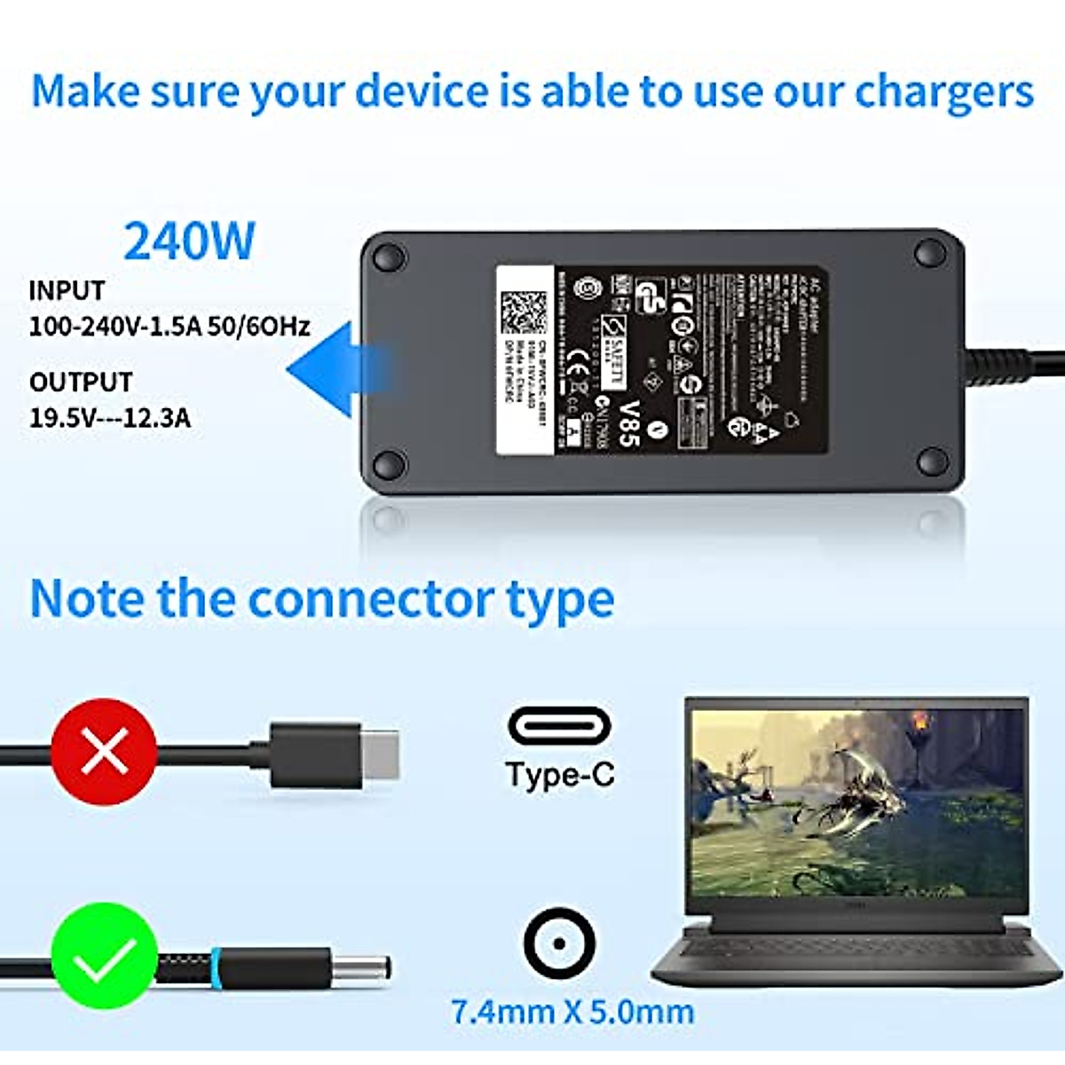 240W 19.5V 12.3A Dell Laptop Charger Replacement for Dell Alienware M17 R1 R2 R3 R4 R5 M17X R2 R3 M18X Area-51m R2 G5 G7 Adapter Power