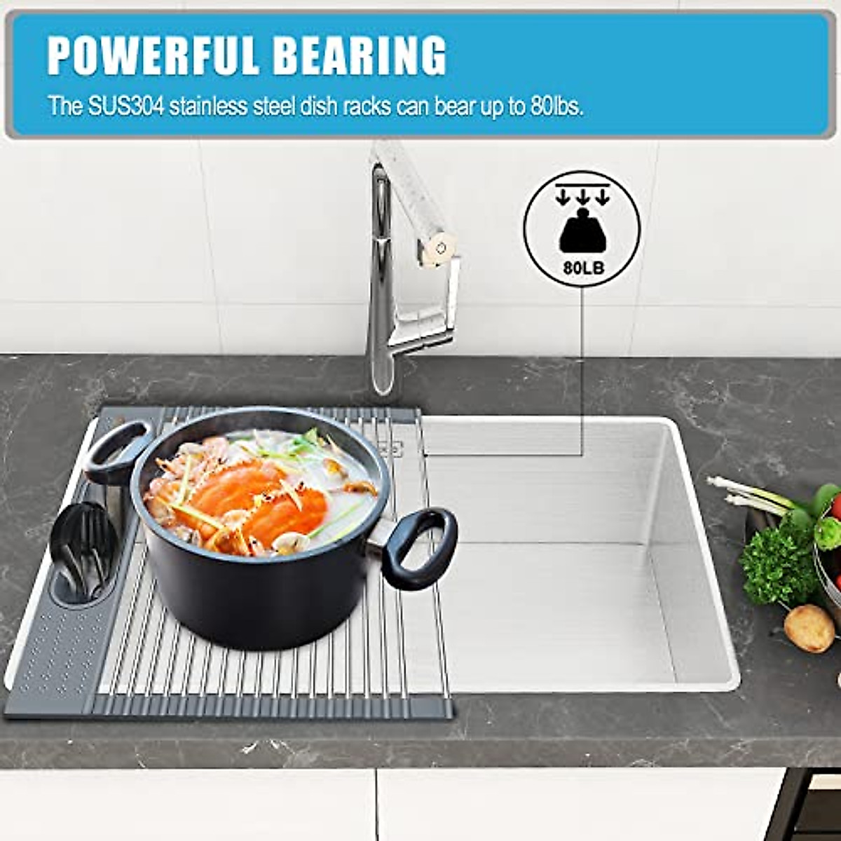 Roll Up Dish Drying Rack, Over the Sink Dish Drying Rack for Kitchen Counter Sink, Stainless Steel Sink Drying Rack with Utensil Holder, Multipurpose Foldable Kitchen Sink Rack Mat -Grey(17.3" x15.3")