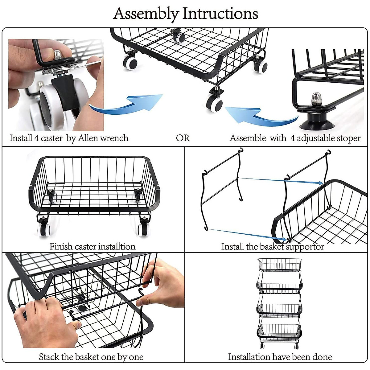 Kitchen Metal Storage Basket with Wheels Stackable Wire Utility Rolling Cart Vegetable Fruit Baskets Rack for Pantry,Potato,Onions,Beverages Storage(6 Tiers)