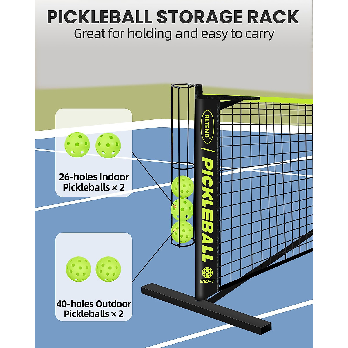 Bltend Pickleball Set - 22FT Regulation Size Portable Net, 4 Pickle Balls, Court Marker, Carry Bag and Tape Measure - Indoor Outdoor Driveway Gifts
