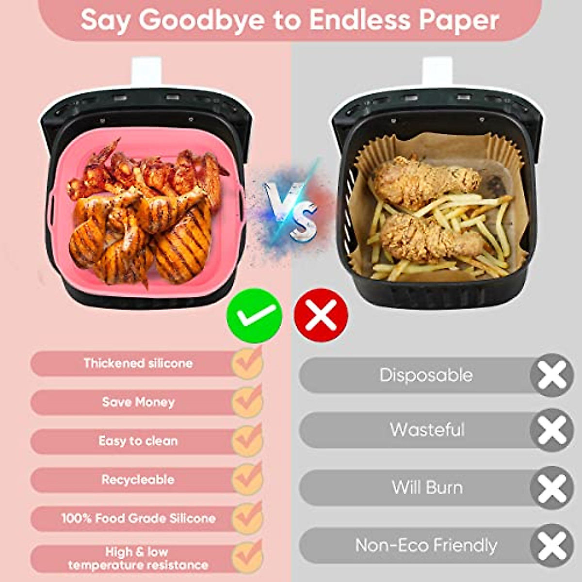 2 Pack Air Fryer Silicone Liners Square Reusable，8.2 Inch Foldable Food Safe Air Fryer Silicone Pot, Non Stick Air Fryer Accessories for Oven , Fits 4 to 7 QT Air Fryer Basket, With Heat-proof Gloves