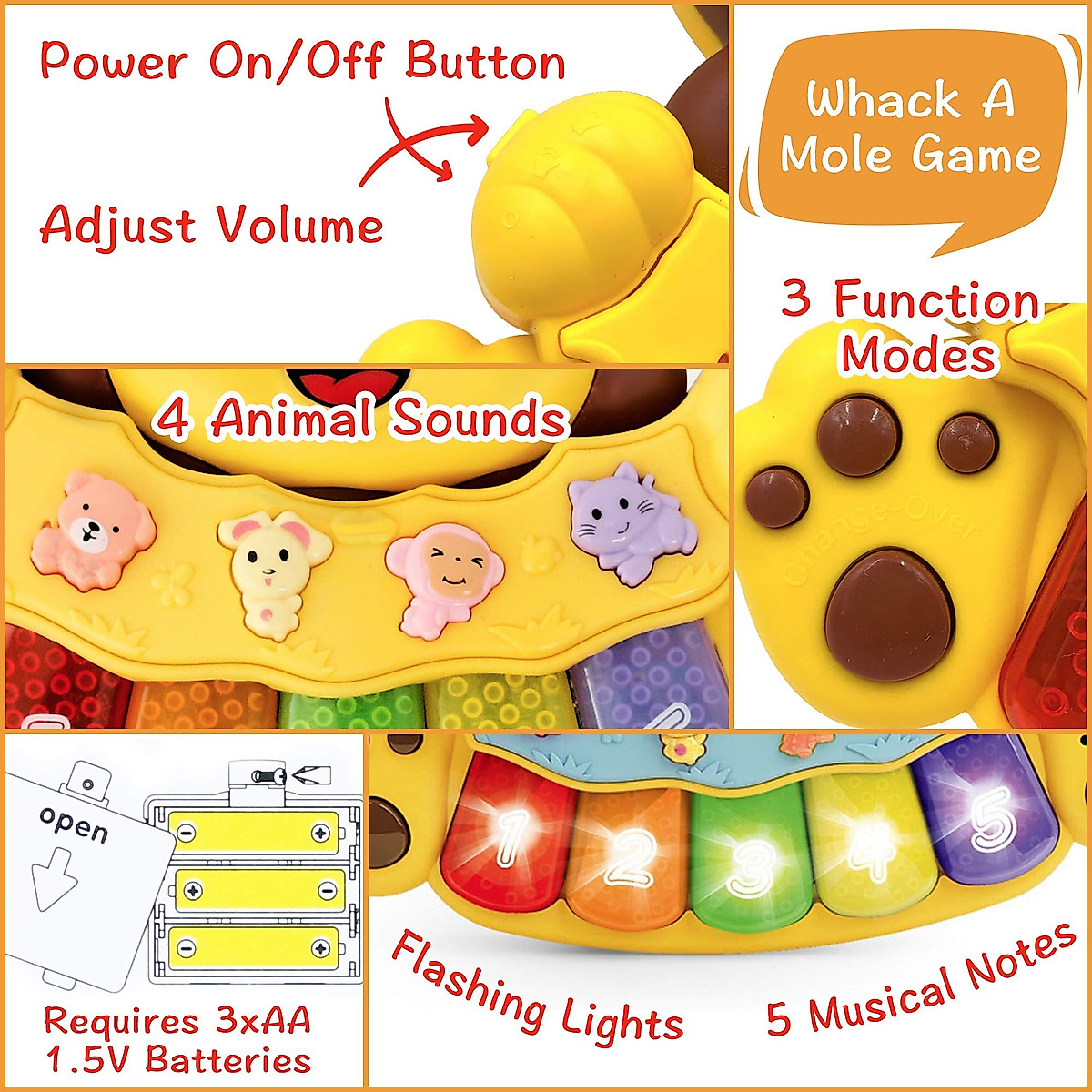 Adorable Lion Baby Piano Toy - 5 Different Numbered and Colored Light Up Key - Touch and Teach Baby Musical Toy w/ 3 Play Modes - Interactive Toy for Babies 12 Months & Up