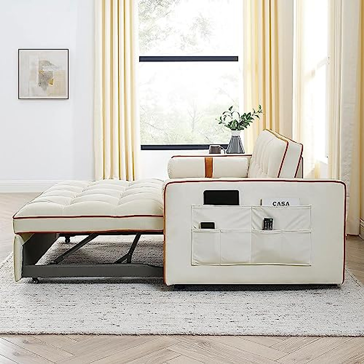 ERYE Modern Loveseat Convertible Sleeper Couch Bed, Upholstered Futon Sofabed for Living Room,2 Seater Comfy Love Seat Daybed Sofas, Beige Twin Velvet Tufted 2 Cylinder Pillows Multi-Pockets B