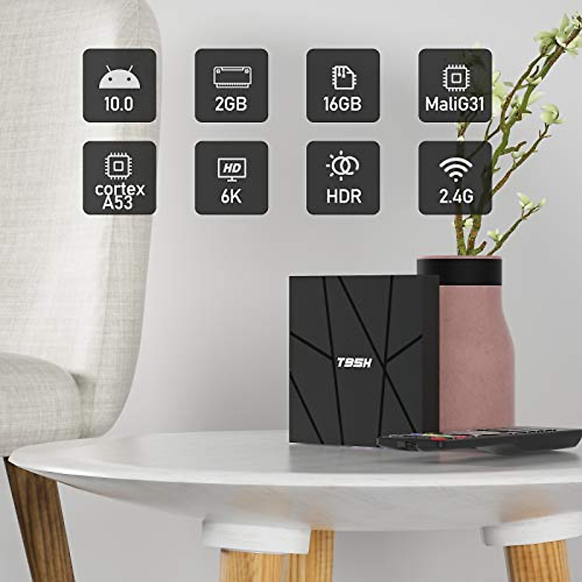 Android 10.0 TV Box, T95H Smart Box with H616 Quadcore Quad-core ARM Cortex-A53 Mali-G31 MP2 GPU 2GB ROM 16GB eMMC 2.4GHz WiFi 100M LAN Ethernet