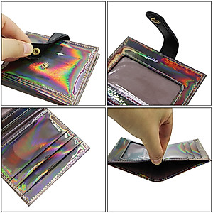 MINGSEECESS Women Bifold Leather Small Wallet Shiny Holographic Zipper Card Holder Coin Change Wallet Clutch Purse with 2 Straps