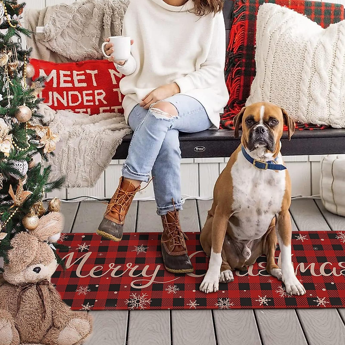 Alishomtll Christmas Kitchen Mats for Floor 2 Pieces, Non Slip Absorbent Kitchen Rugs Washable for Christmas Decor, Red Checkered Christmas Door Mat and Rug, 17''x47''+17''x29''