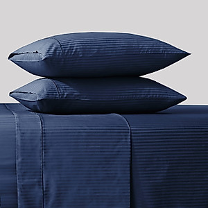 Feather & Stitch 500 TC Twin Size Damask Bed Sheet Set, 100% Cotton Soft Breathable Bedsheets, 3 Piece 18" Deep Pockets Sateen Weave Striped Bedding Mattress Resort Hotel Luxury- (Dark Blue, Twin)