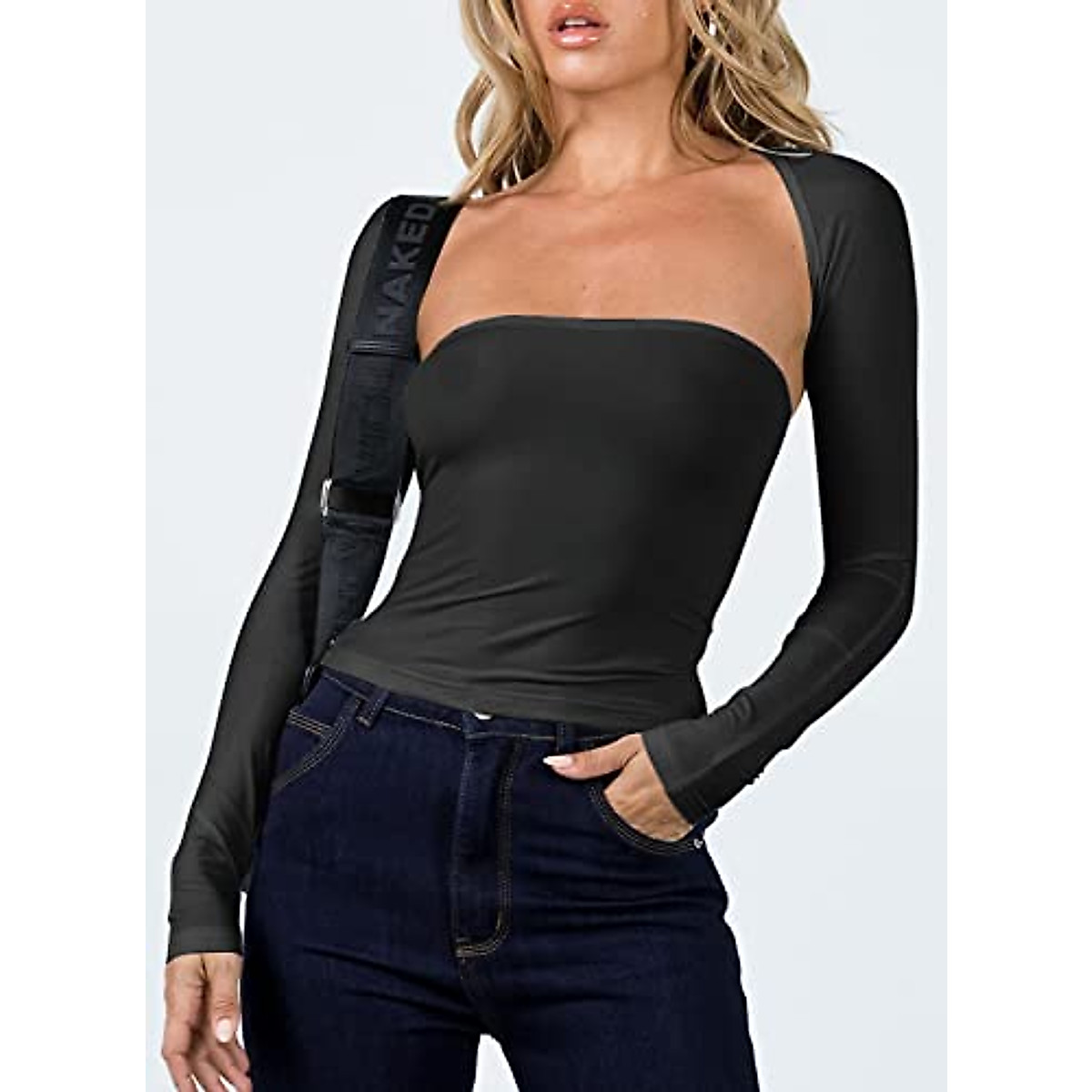 Dokotoo 2023 Women's Long Sleeve Shrug Crop Cardigan & Sexy Y2K Square Neck Strapless Cami Tank Top - Black, M