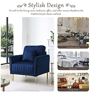 Accent Chair Mid Century Modern Arm Chair Bedroom Chair Living Room Reading Chairs Single Armchair Upholstered Sofa Chair with Waist Pillow for Living Room Bedroom Hotel Lounge (Blue)