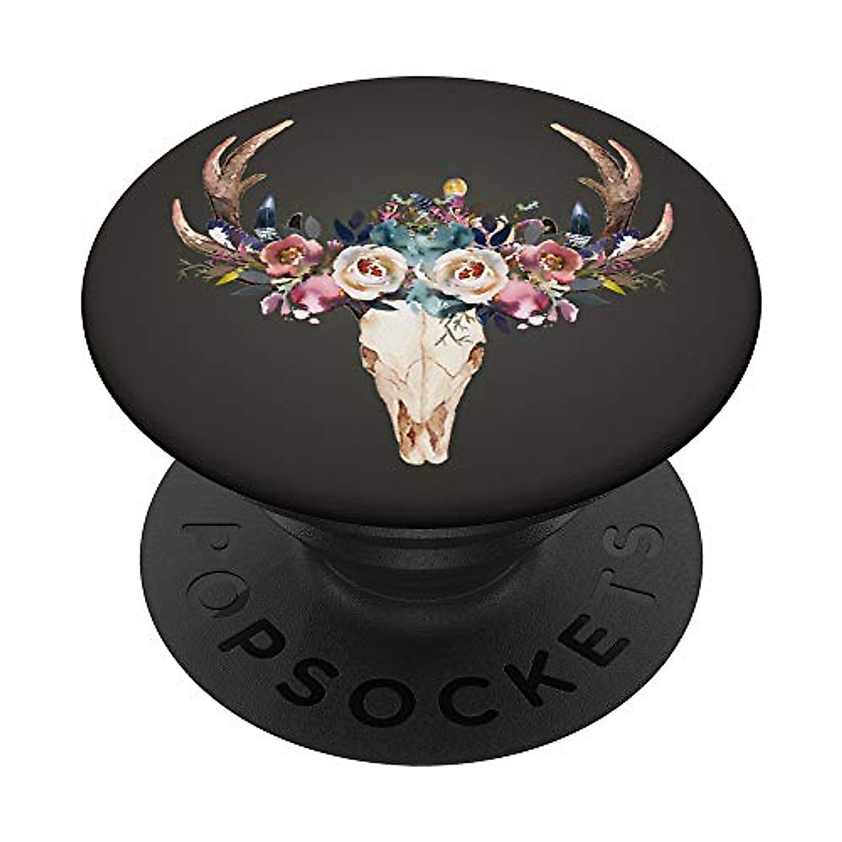 Artsy Watercolor Flower Wreath Bouquet Deer Skull on Black PopSockets PopGrip: Swappable Grip for Phones & Tablets