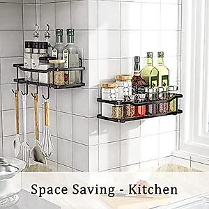Bathroom Organizer Shelf Shower Caddy,No Drilling Adhesive Shelves Rustproof Sus304 Stainless Steel For Storage Organization,2 Pack With 4 Hooks,Matte Black Rack, SH-02