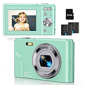 Digital Camera Auto Focus Point and Shoot Camera, FHD 1080P 48MP Kids Camera with 32GB Memory Card,16X Zoom Vlogging Camera Small Digital Cameras for Kids Teenagers Students Green