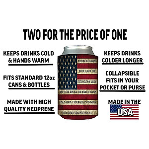 Rogue River Tactical USA Flag Pledge Of Allegiance, Rustic Flag Bundle Collapsible Beer Can Bottle Beverage Cooler Sleeves 2 Sets of 2 Packs Gift Set Combo