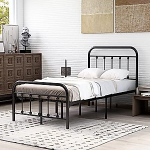 alazyhome Classic Metal Platform Twin Size Bed Frame Mattress Foundation with Victorian Style Iron-Art Headboard Under Bed Storage No Box Spring Needed Black