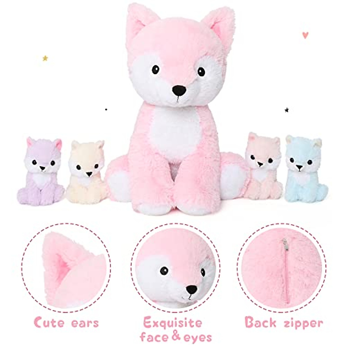 MorisMos Fox Stuffed Animals Plush Toys, Soft Stuffed Fox Mommy & Babies Set, Fox Plush Toy Large Size for Women, Girl, Kids on Mother's Day, Birthday, Christmas, 19in