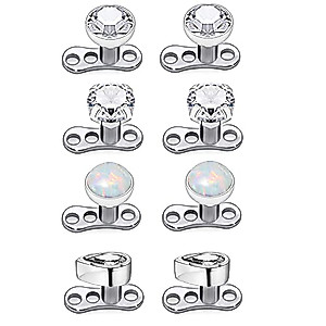 Piercingpops 8Pcs 14g Stainless Steel Cubic Zirconia/Opal Dermal Anchor Tops and Base Microdermals for Body Piercing (8PCS-4mmTop)