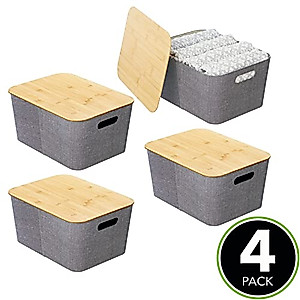 mDesign Fabric Basket with Lid - Stacking Decorative Storage Bin Box with Bamboo Lid Cover for Closet, Bedroom, Living Room or Office - Holds Clothing, Linens, and Accessories, 4 Pack, Navy Blue