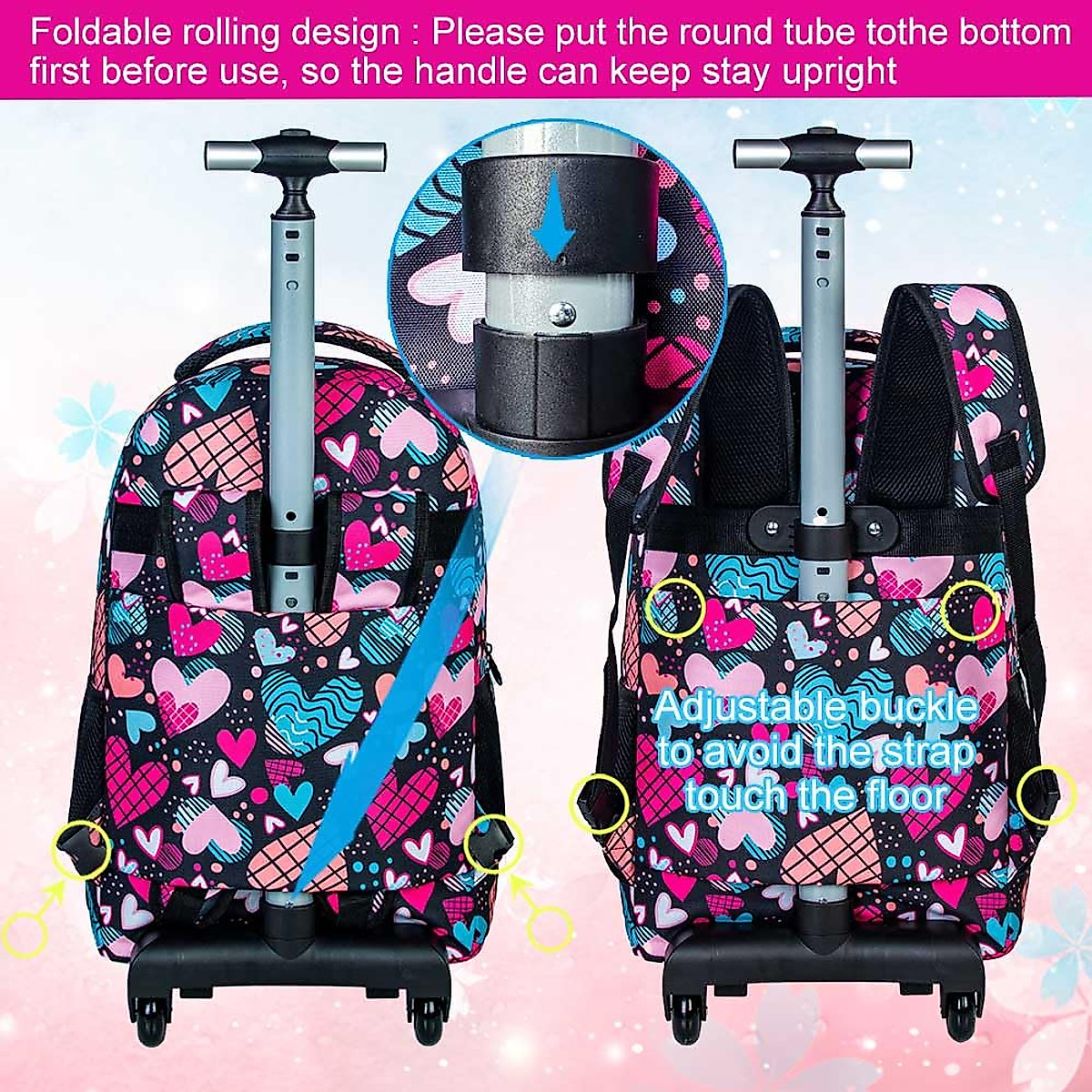 gxtvo 3pcs Rolling Backpack for Women, Adult Roller Bookbag Set with Wheels, Wheeled Shcool Bag for Girls