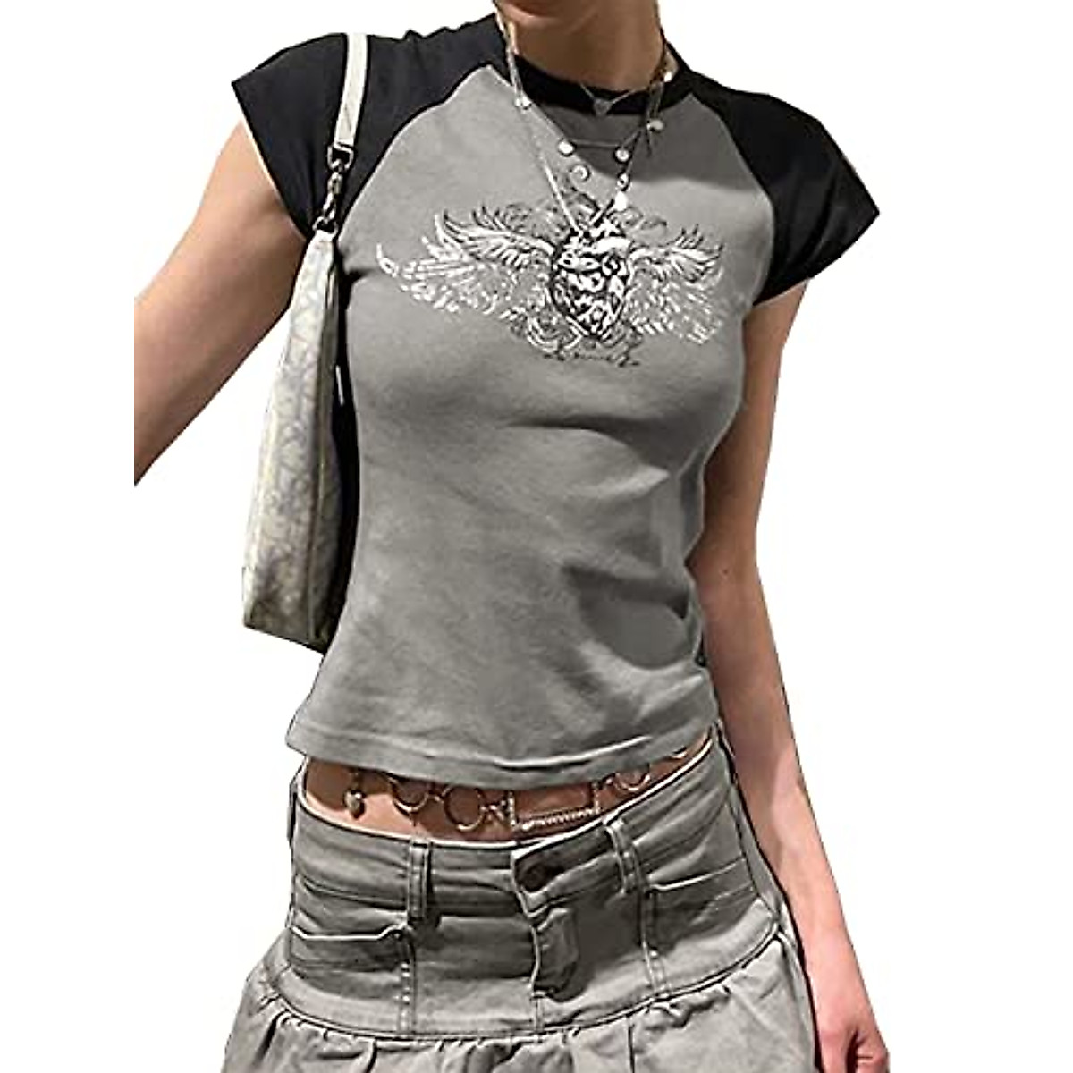 Y2K Crop Tops for Woman Short Sleeve Crew Neck Baby Tees Grunge Wing Print T-Shirt A Grey