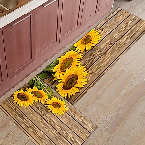 Sunflower Kitchen Mats for Floor Cushioned Anti Fatigue 2 Piece Set Kitchen Runner Rugs Non Skid Washable Sunflowers on The Wooden Plank Summer Garden Photo 15.7x23.6+15.7x47.2inch