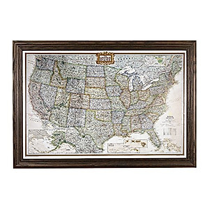 Executive US Push Pin Travel Map with Solid Wood Brown Frame and Pins - 27.5 inches x 39.5 inches