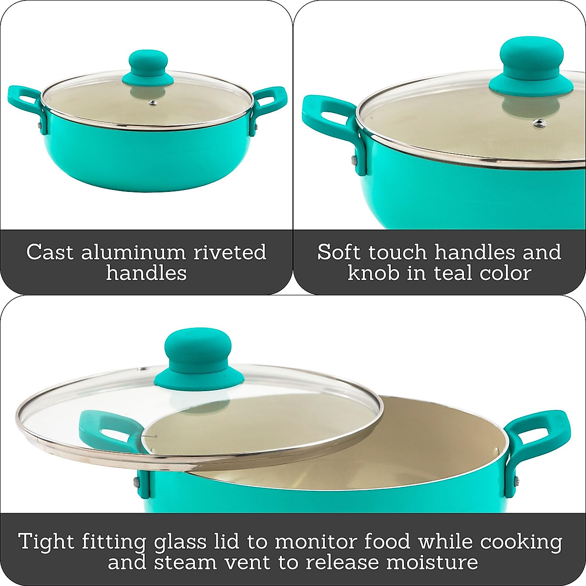 IMUSA USA, T Caldero (Dutch Oven) with Glass Lid Ceramic Interior 6.9-Quart, Teal