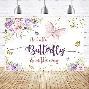 Aperturee 6x4ft Butterfly Baby Shower Backdrop A Little Butterfly is on The Way Photo Purple and Pink Floral Gold Spots Flowers Photography Background Princess Girl Party Decoration Banner Photo Booth