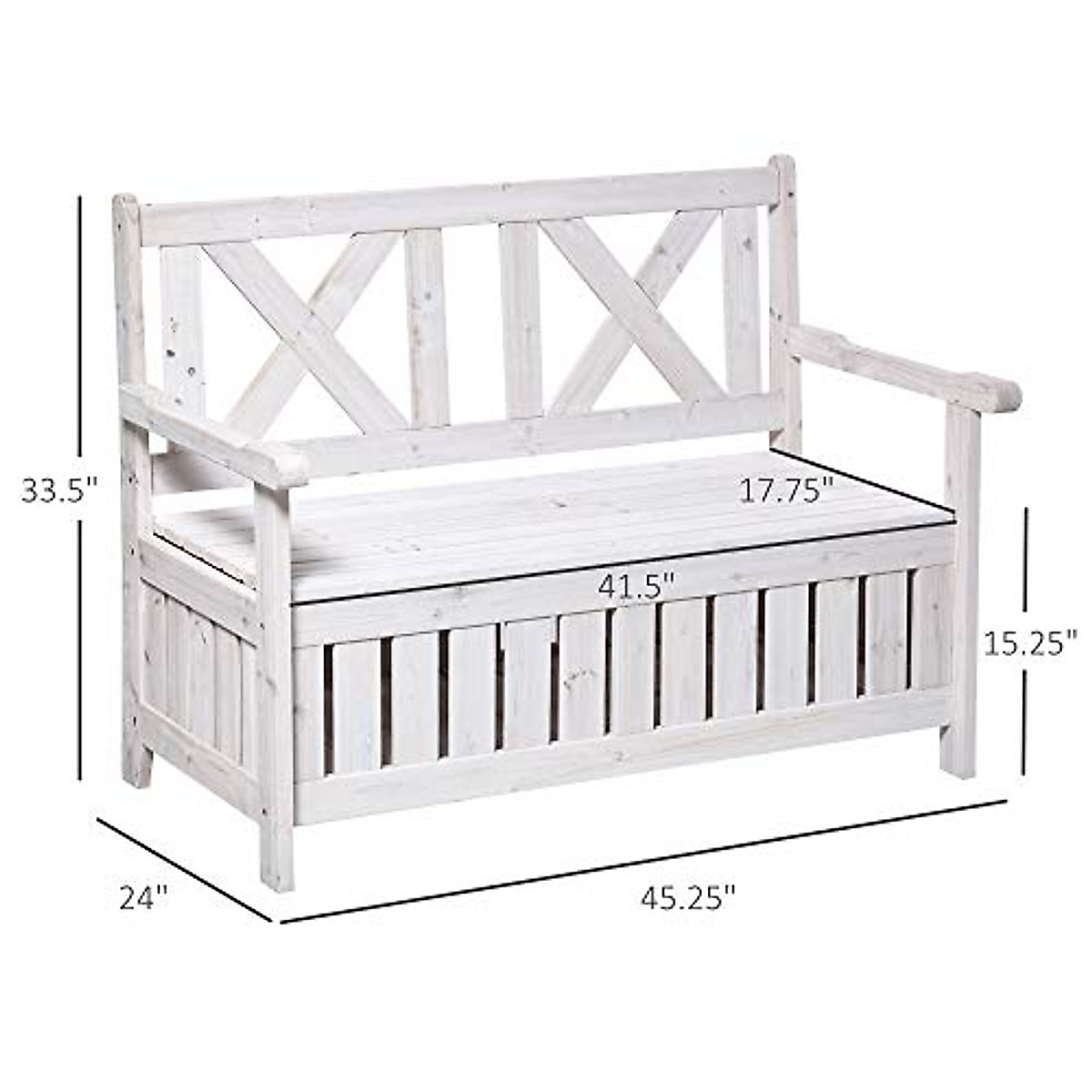 Outsunny 29 Gallon Garden Storage Bench with Wooden Frame, Large Entryway Deck Box w/Unique X-Shape Back, Louvered Side Panels for Patio, Garden, Deck, Porch & Balcony, White