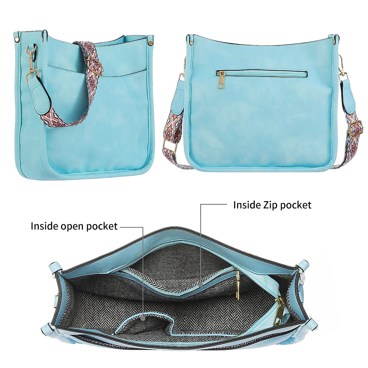 DYSHAYEN Women Crossbody Purse with Guitar Strap,Vegan Leather Zipped Pockets Handbag Shoulder Bag (Aqua Blue)