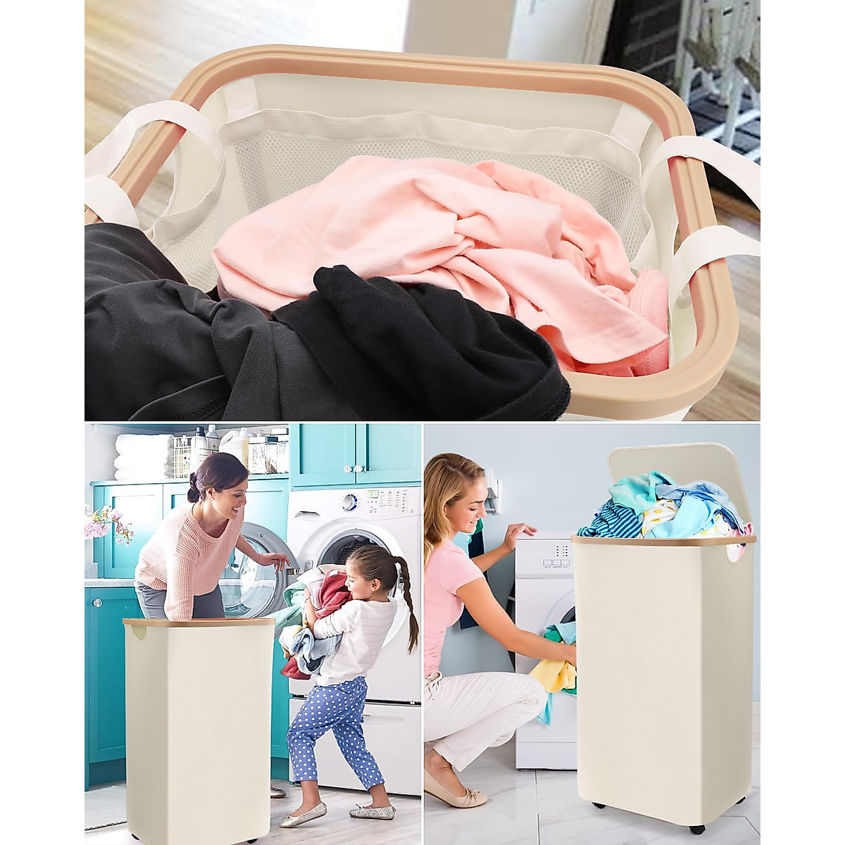 100L Laundry Hamper With Wheels,Large Collapsible Rolling Laundry Basket,Dirty Clothes Hamper With Lid in Laundry Room Bedroom Bathroom College Dorm for Adults,Beige