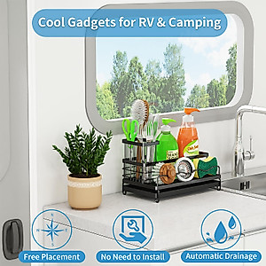 Godboat Kitchen Sink Organizer - 201 Stainless Steel Sink Caddy with Dish Brush Holder, Sponge Holder with Auto-Drain, 360° Swivel Spout, Kitchen Gadgets and Decor for Tiny Home, Gifts for Women, Mom