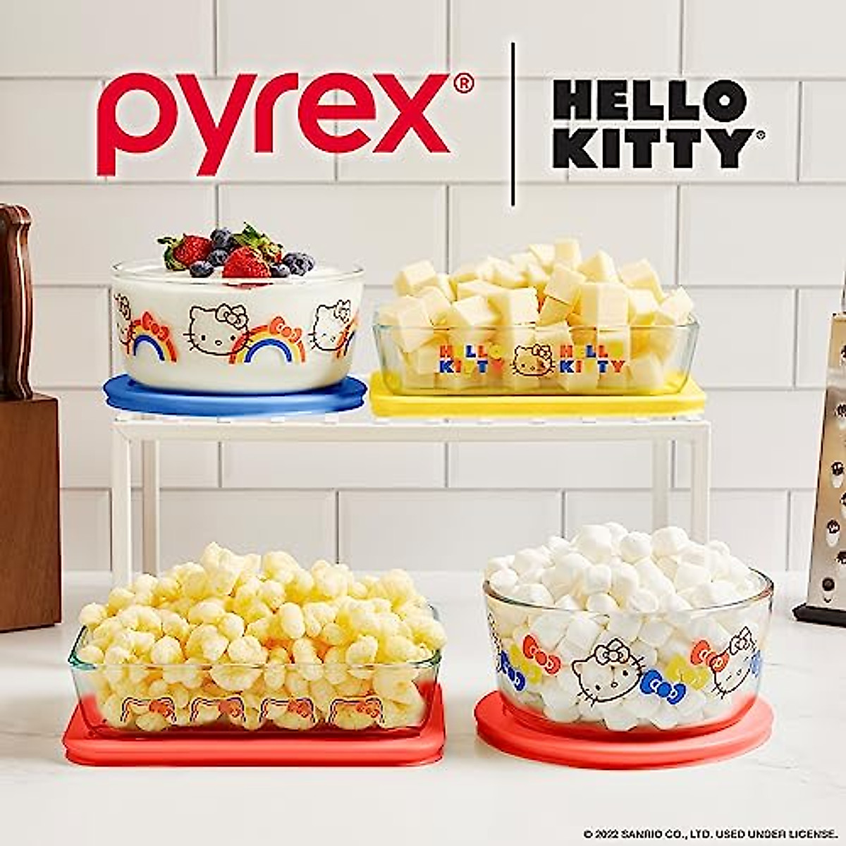 Pyrex Hello Kitty 8-Piece Glass Food Storage Containers Set, Non-Toxic Plastic BPA-Free Lids, Freezer Dishwasher Microwave Safe