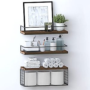 Floating Shelves Wall Mounted with Storage Basket and Protective Guards,Bathroom Shelves Over Toilet,Rustic Wood Shelves for Bedroom,Living Room,Kitchen,Wall Decor,Plants,Books-Dark Brown