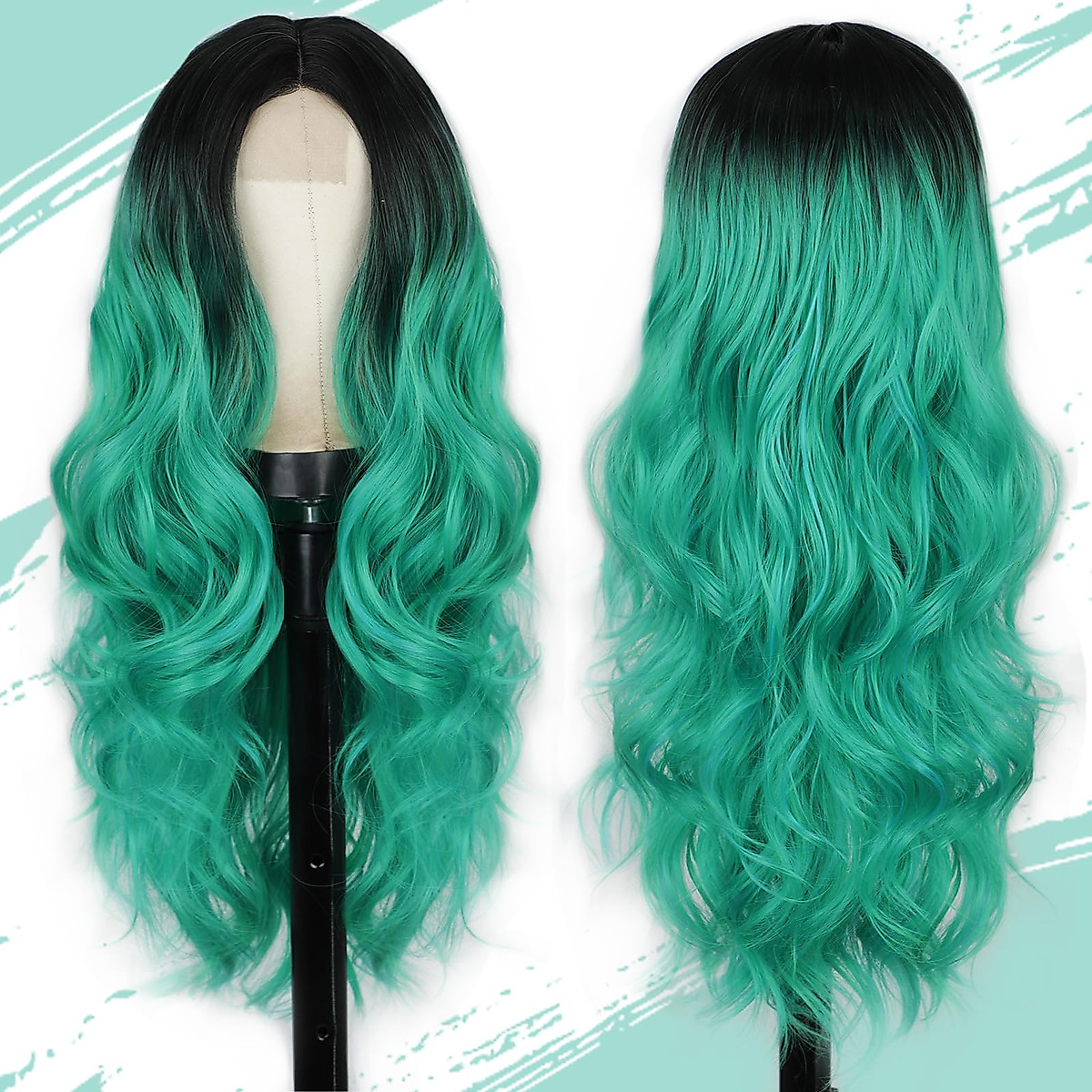 Lativ Long Wavy Wig for Women Ombre Green Middle Part Wigs Teal Wigs Long Curly Synthetic Heat Resistant Hair with Natural Hairline for Cosplay Party Everyday Use