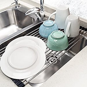 Atposh Roll up Dish Drying Rack 21“*11.5” Over The Sink Dish Drainer for Kitchen Counter Portable Versatile Foldable Dish Drying Rack Mat Silicone Wrapped SUS304 Stainless Steel Dish Drying Rack