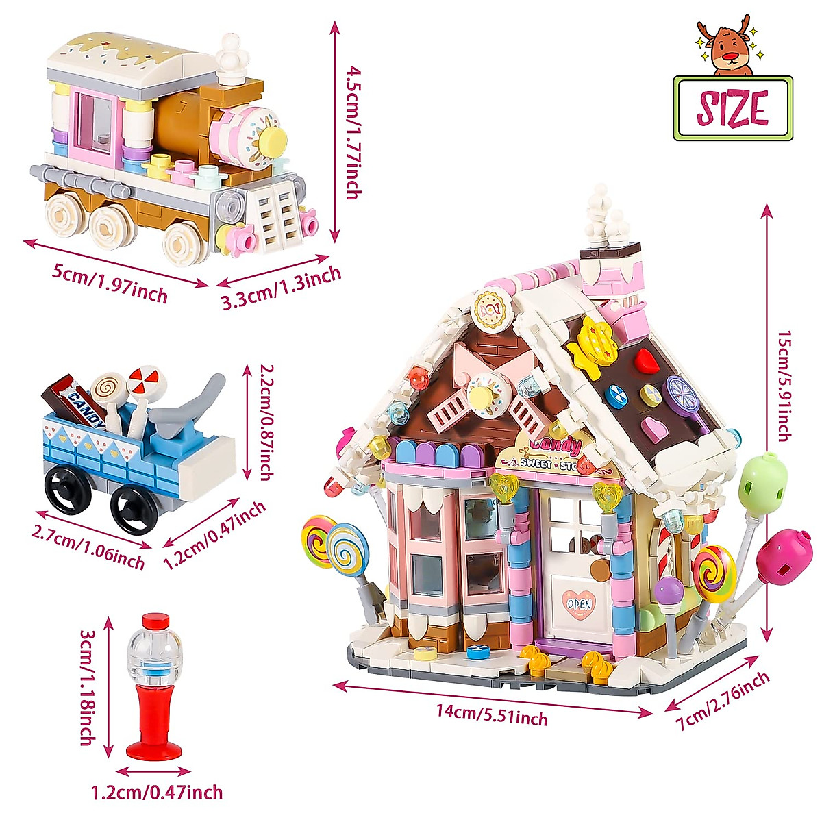 PinkBee Christmas Gingerbread House 2022 Mini Candy Store Building Block Set with Ice Cream Truck Creative Xmas Ornament Toys Kits Micro Bricks for Adults Kids 8-12 6-12 7-9（781Pcs）